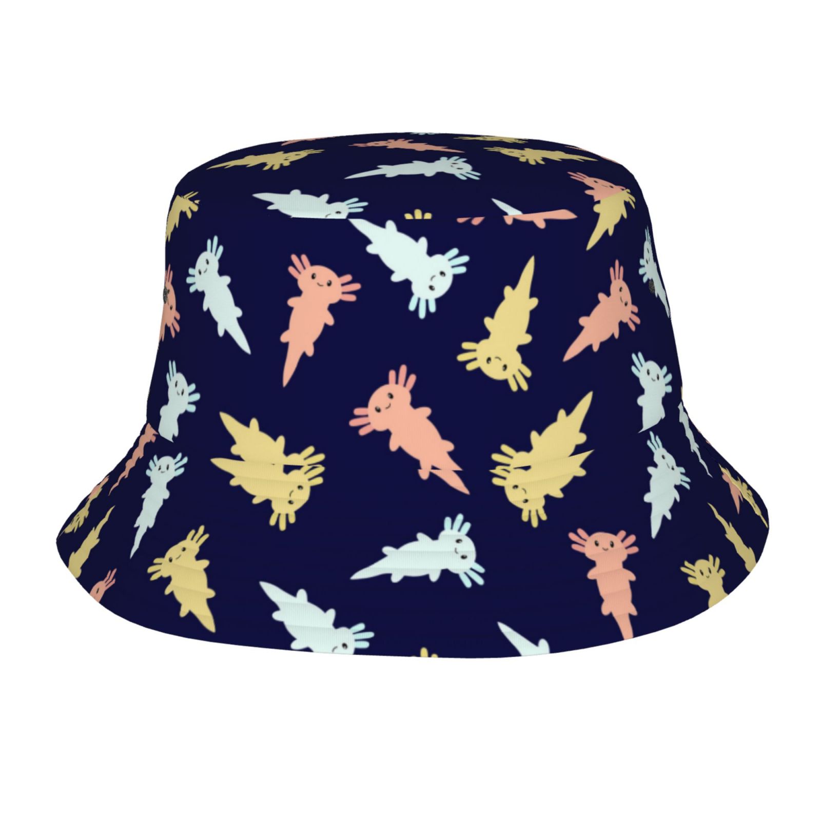 Bucket Hats for Men Women - Cute cartoon axolotl navyblue Casual Sun ...