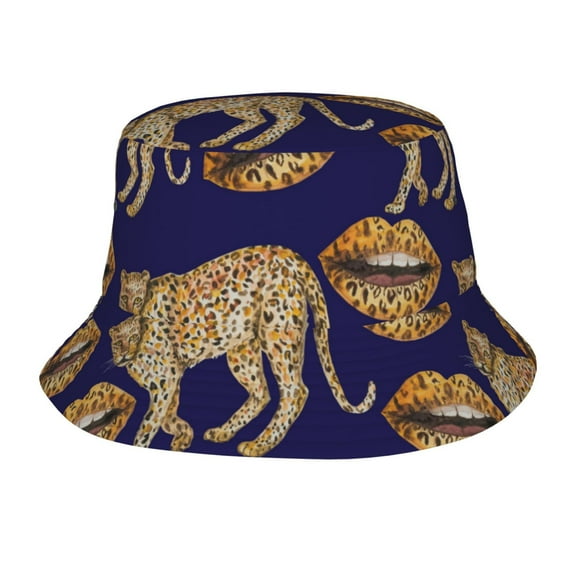 Bucket Hats for Men Women - funny lip Leopard print blue Casual Sun Hat ...