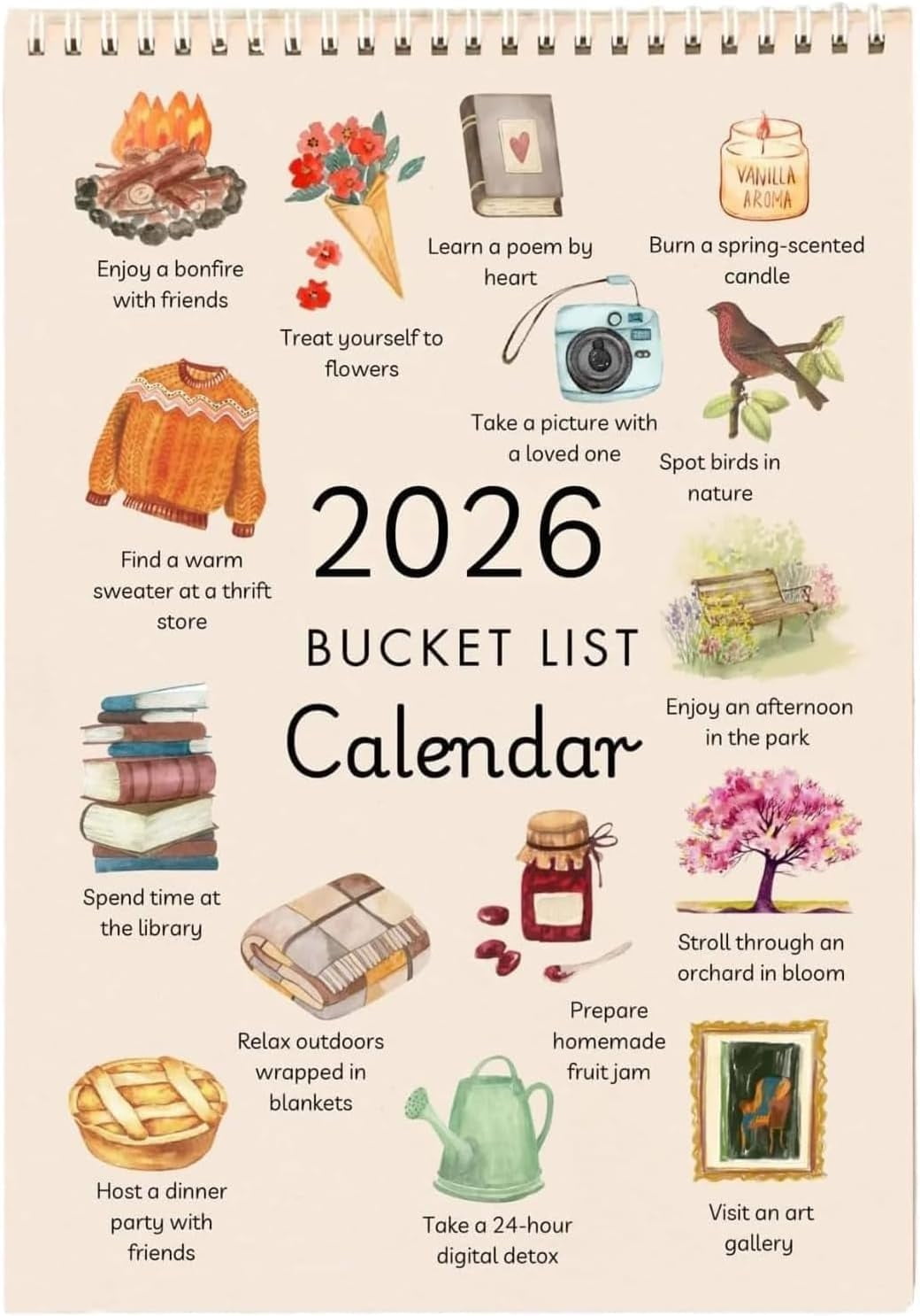 Bucket List Calendar 2026 – 12-Month Wall Calendar with Illustrated ...