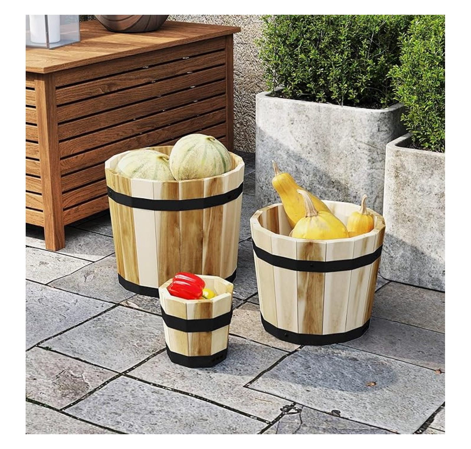 Bucket Planter Box Set of 3, Wood Whiskey Planters with Drainage Holes ...