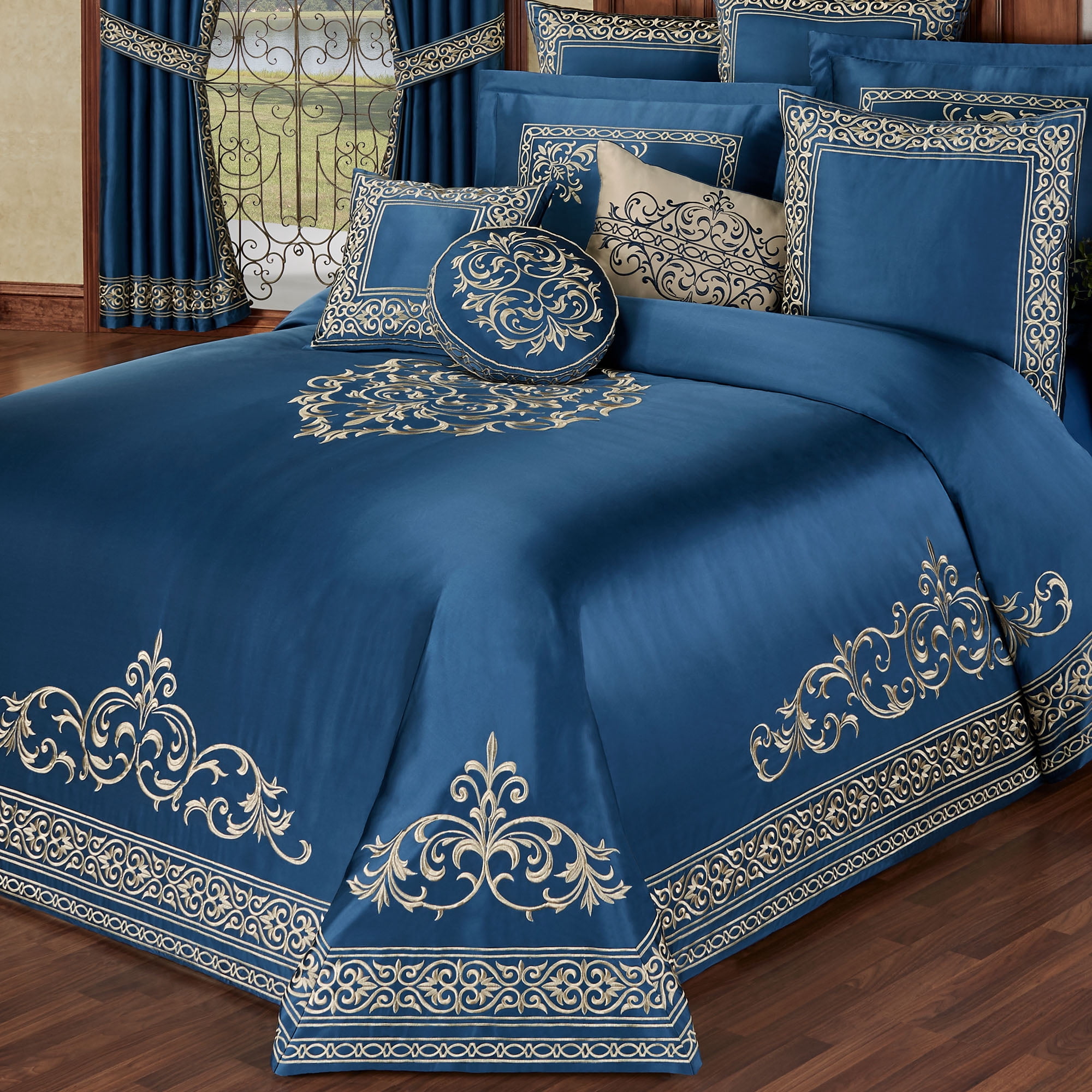 Buckingham Royal Style Bedding, Gold-Embroidered Sapphire Blue, 3-pc ...