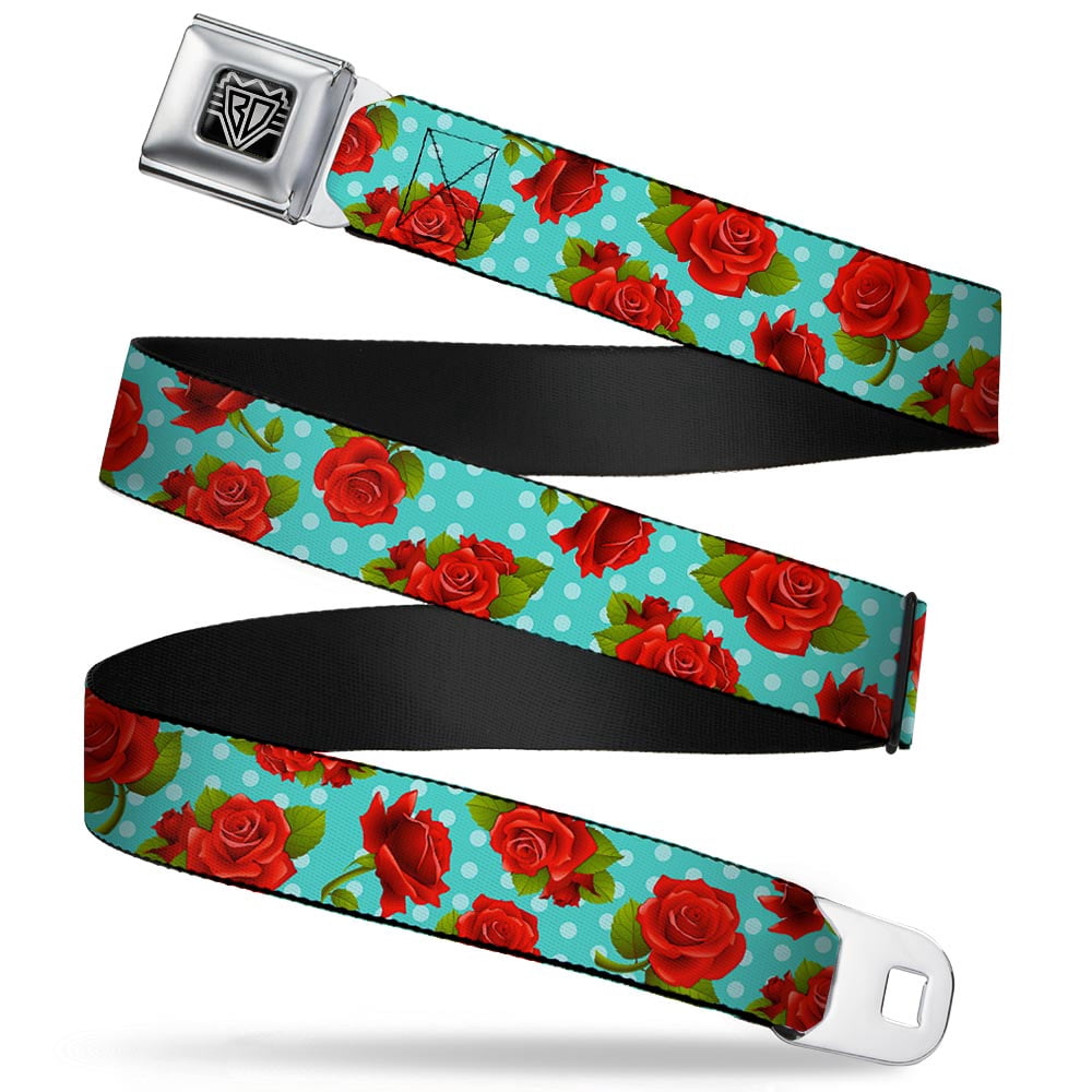 Buckle-Down Belt, Seatbelt Buckle Belt, Red Roses Polka Dots Turquoise ...