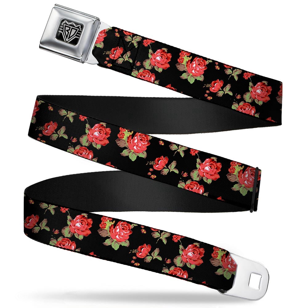 Buckle-Down Belt, Seatbelt Buckle Belt, Red Roses Scattered Black, 34 ...