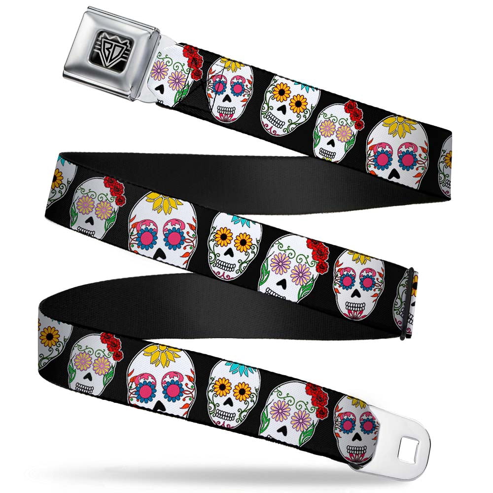 Buckle-Down Belt, Seatbelt Buckle Belt, Sugar Skull Outline Black Multi ...