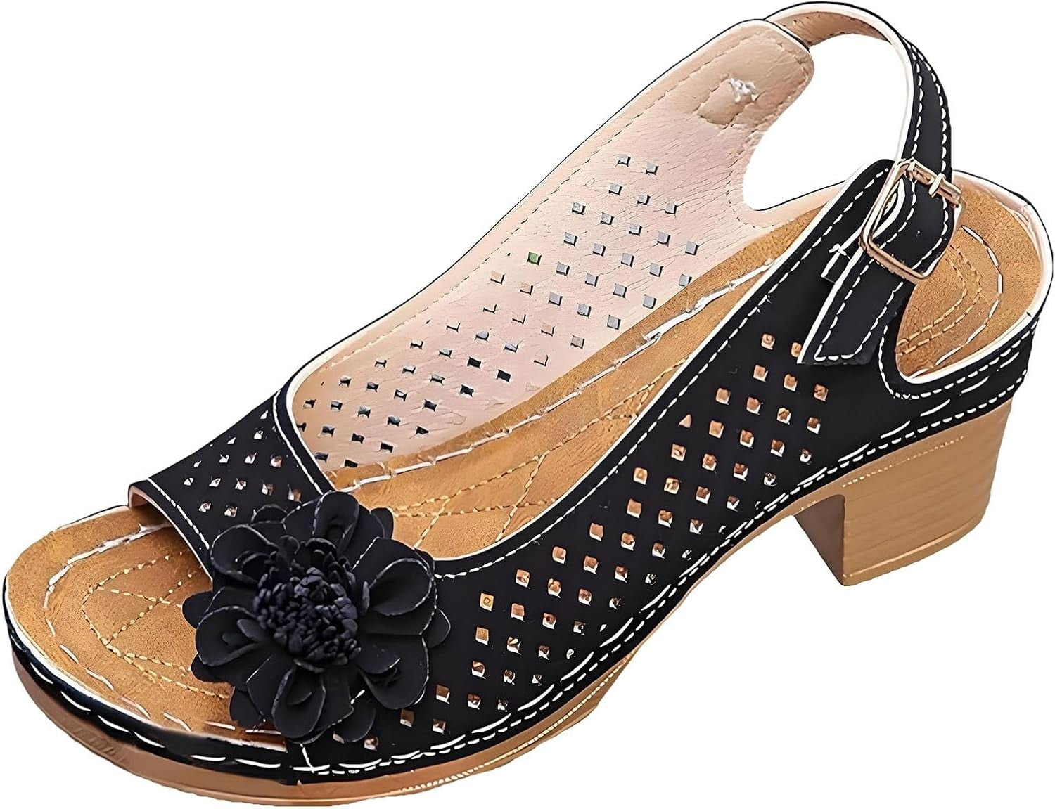 Buckled Square Heel Sandals for Women, 2025 Low Block Heeled Peep Toe ...