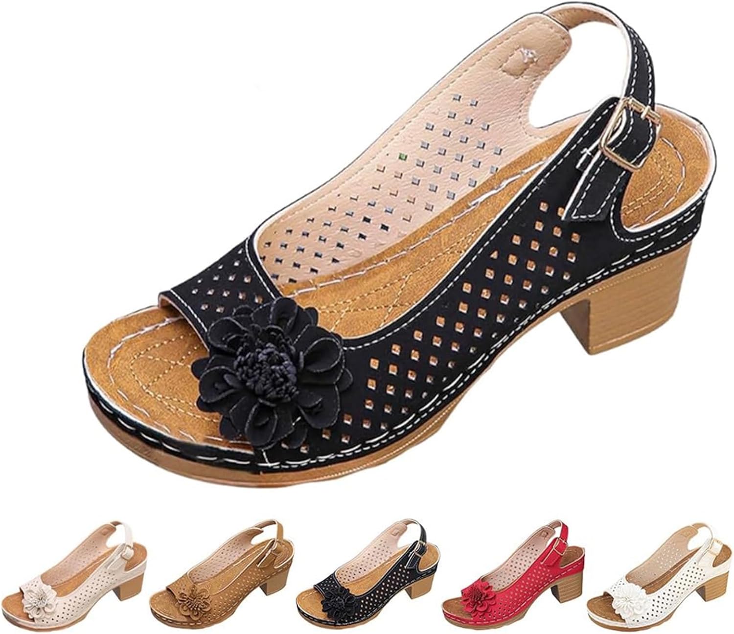 Buckled Square Heel Sandals for Women,Dressy Peep Toe Slingback Chunky ...