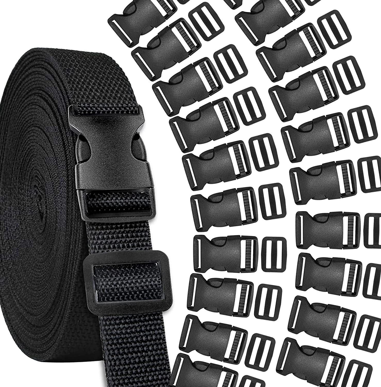 Buckles Strap Set, 10 Yards 1 Inch Nylon Webbing Strap with 20 Set Side Release Plastic Buckles ...