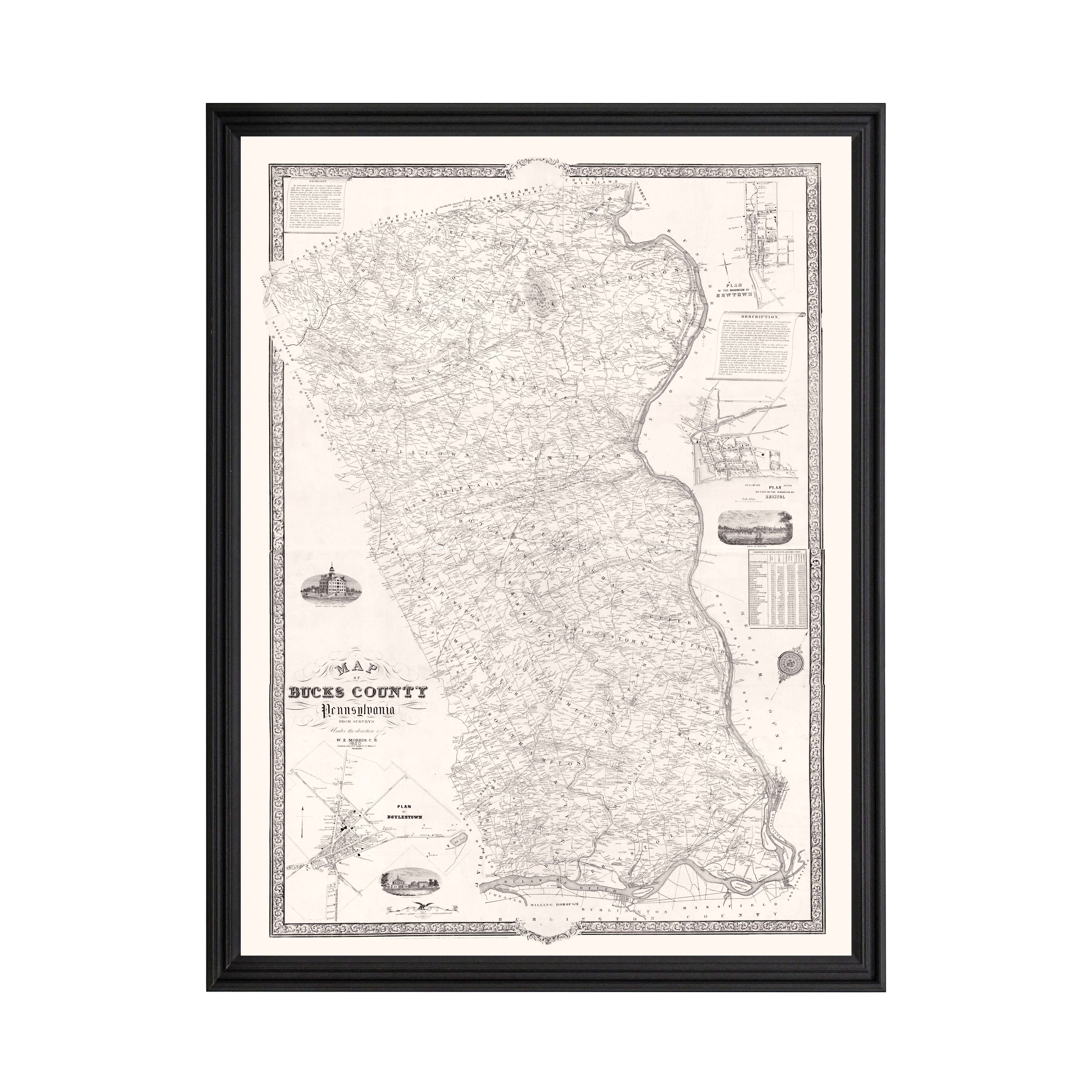 Bucks County Pennsylvania Art, 1850 Vintage Map of Bucks County PA ...