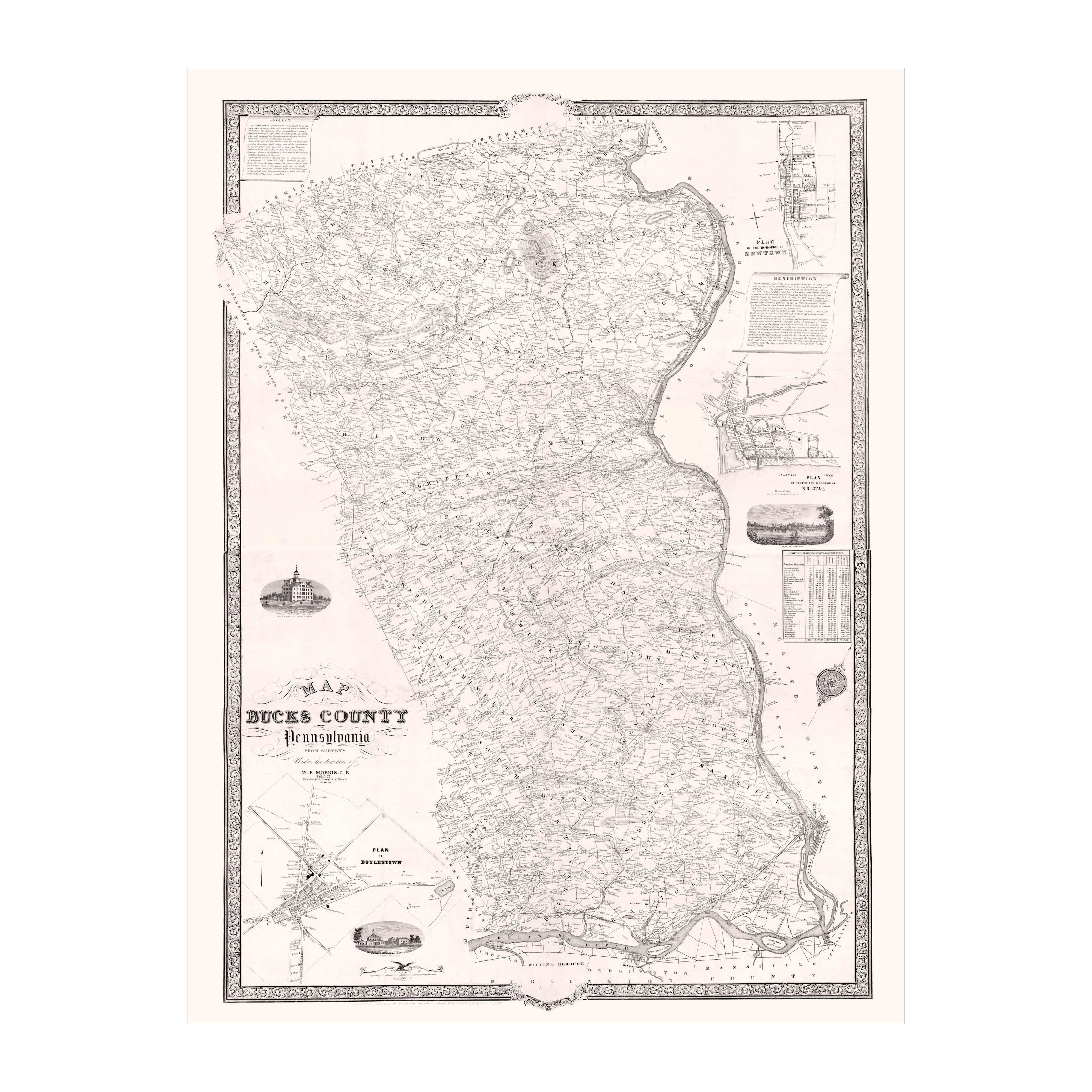 Bucks County Pennsylvania Art, 1850 Vintage Map of Bucks County PA ...