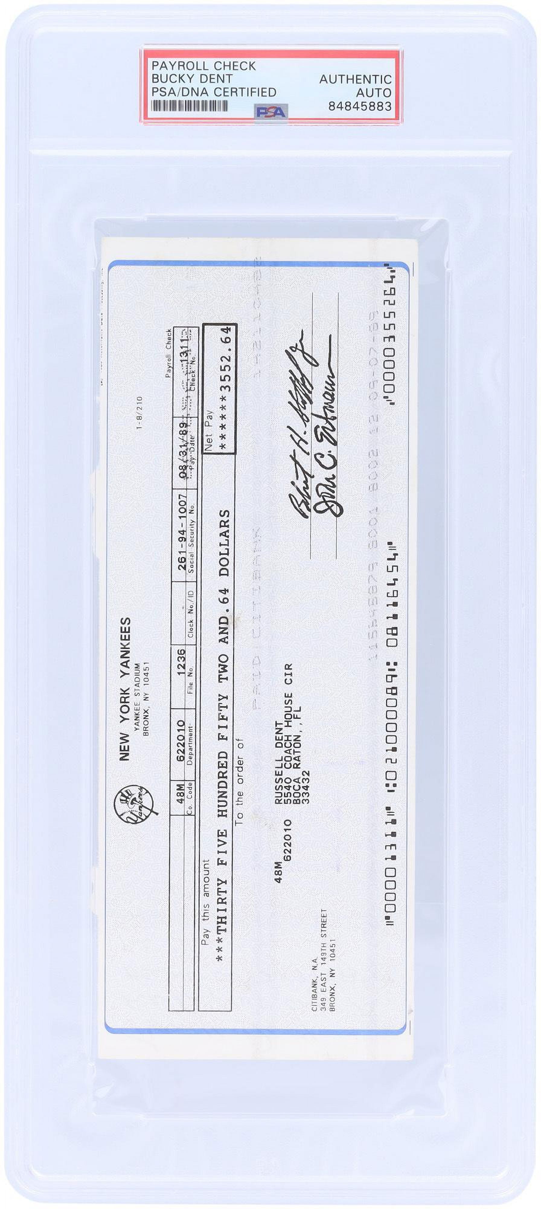 Bucky Dent New York Yankees Autographed Check from August 31, 1989 ...