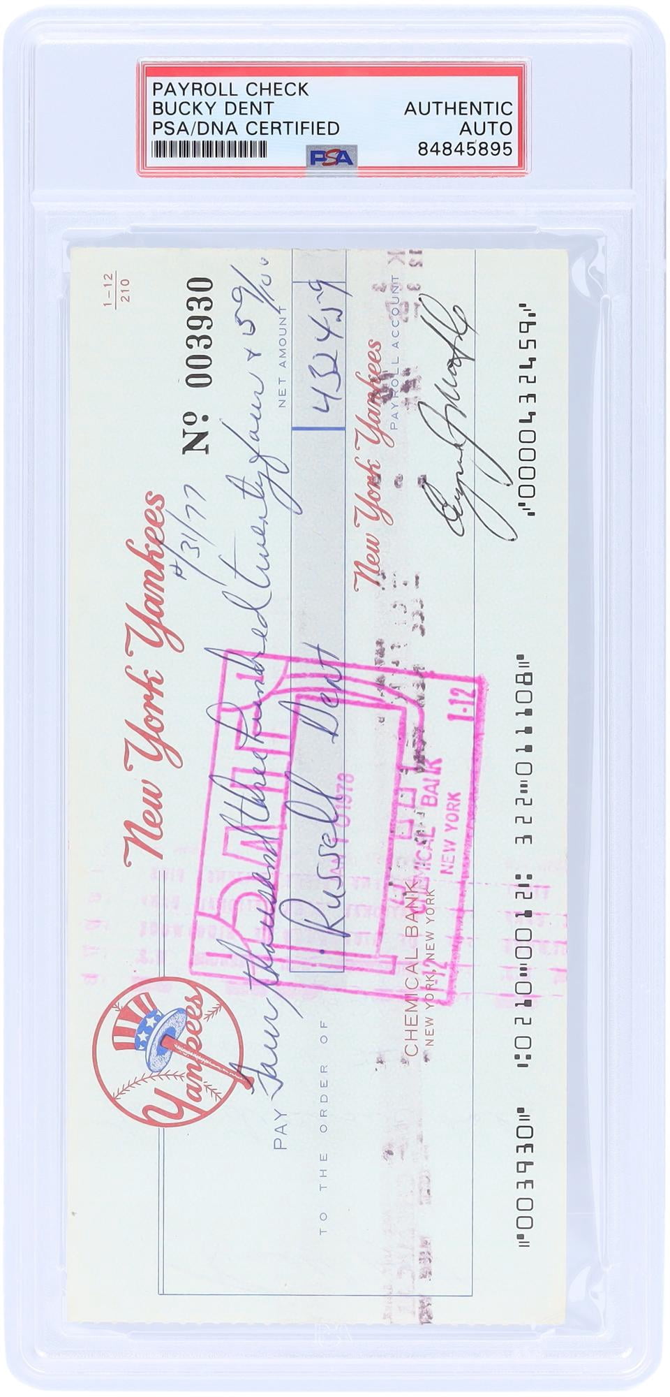 Bucky Dent New York Yankees Autographed Check from December 31, 1977 ...