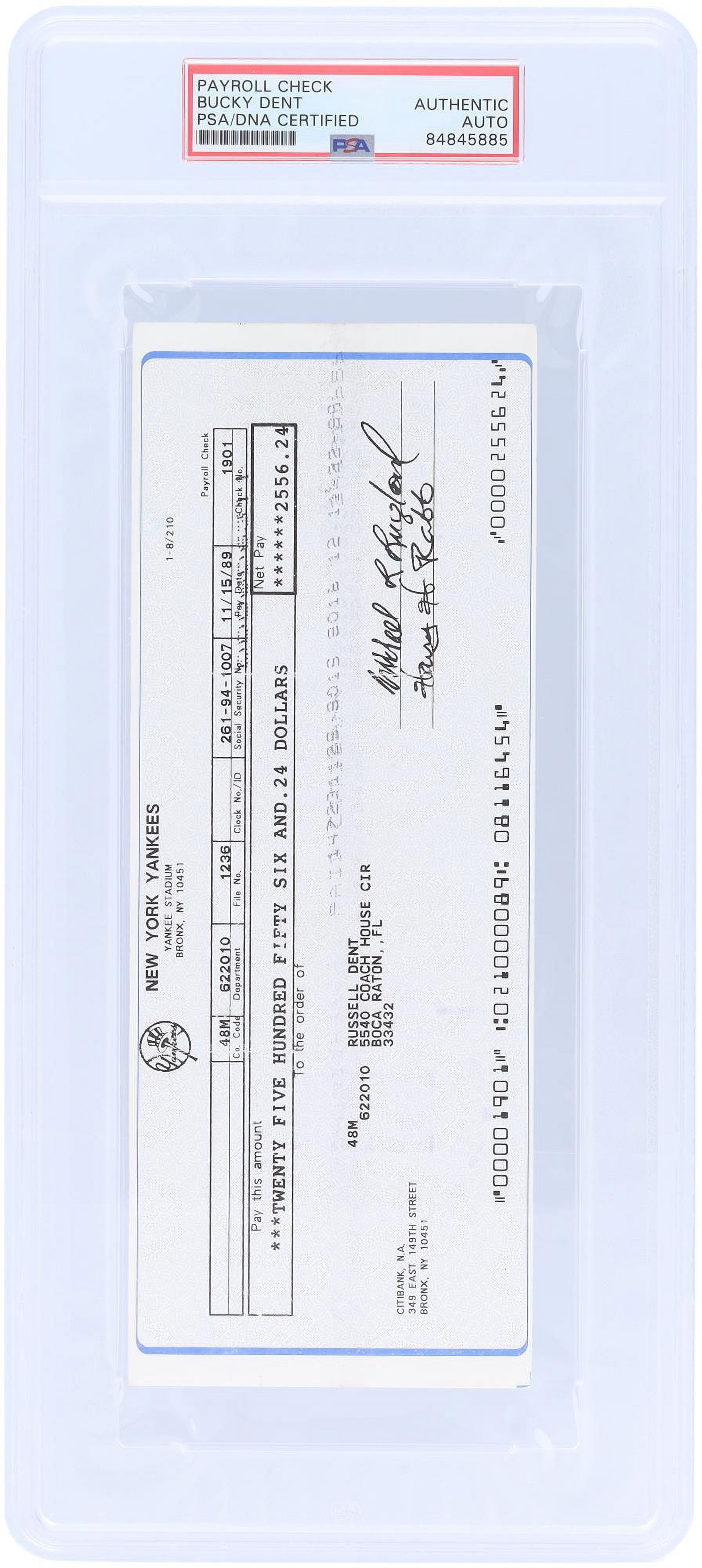 Bucky Dent New York Yankees Autographed Check from November 15, 1989 ...