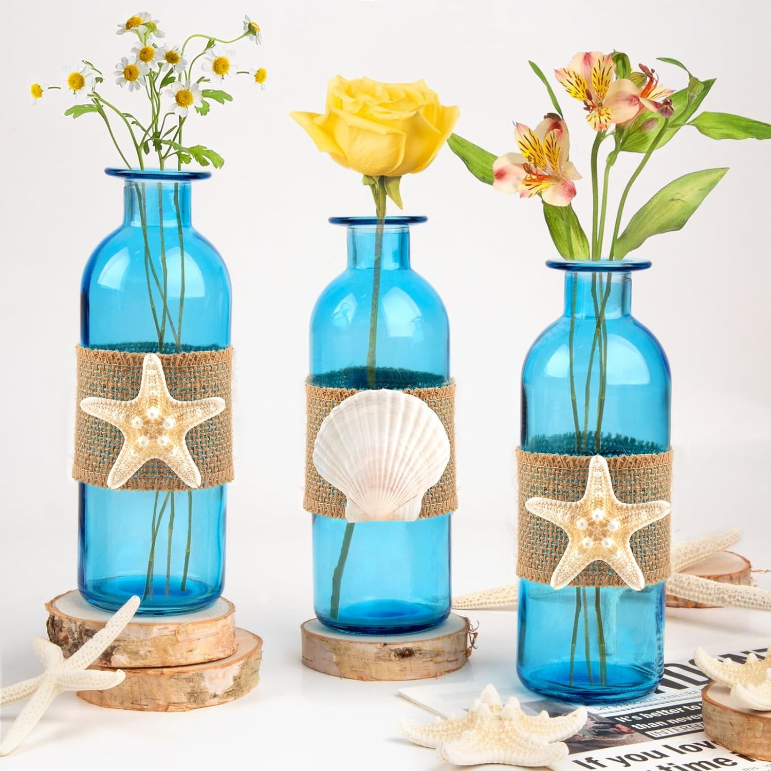 Bud Vases Set of 3 Blue Small Glass Vases, Starfish Shell Crafts Vase ...