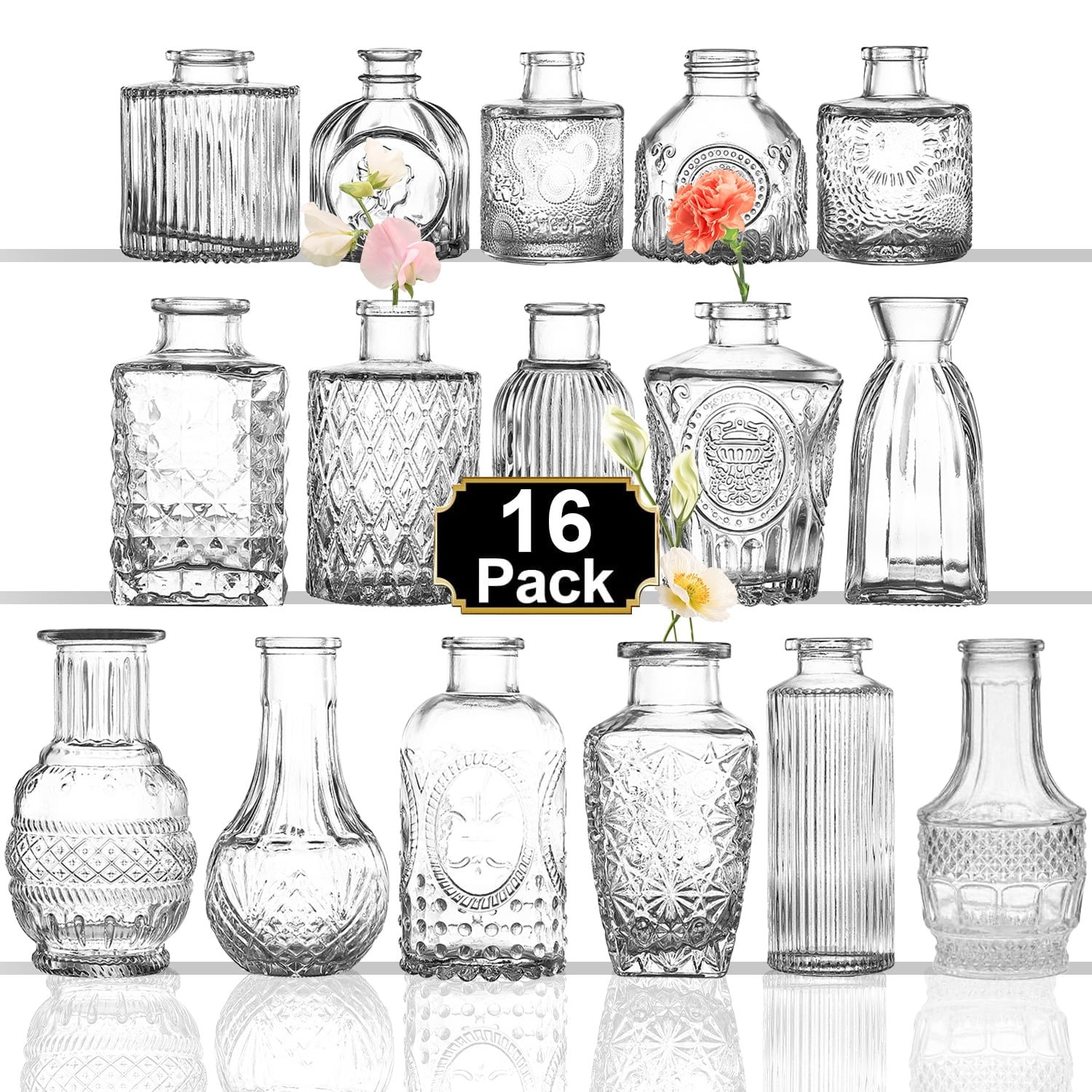 Bud Vases in Bulk 16, Glass Vases for Centerpieces, Mini Vintage Clear ...