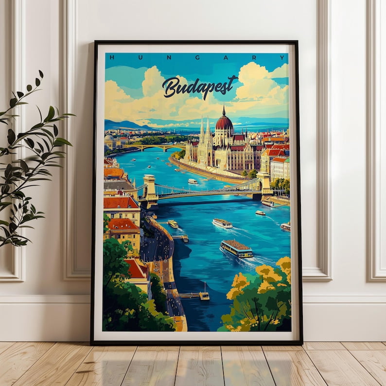 Budapest Hungary Travel Poster – Danube River Illustration, Travel Wall ...
