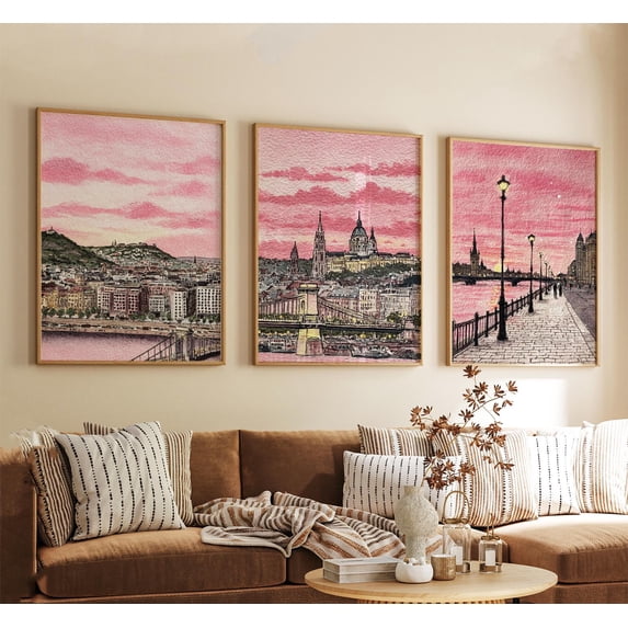 Budapest Hungary Travel Poster Set Pink Watercolor Skyline Wall Art Set ...