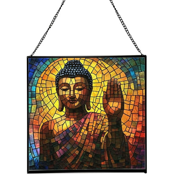 Buddha Abhaya Fearless Stained Glass Suncatcher , 8in Square Window ...