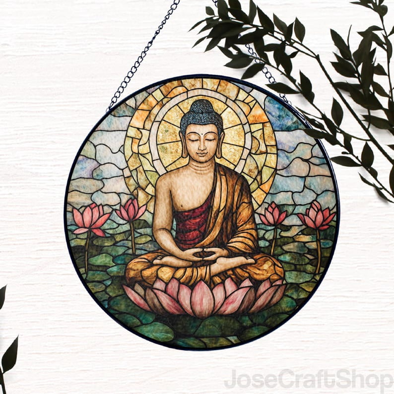 Buddha And Lotus Flower Stained Glass Suncatcher, Buddha Meditation ...