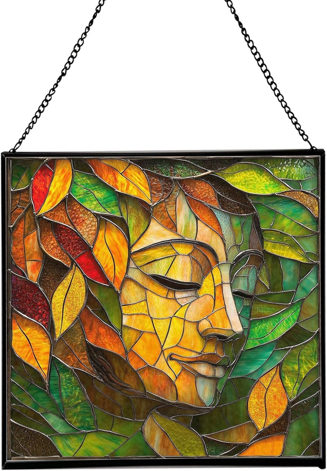 Buddha Bodhi Leaves Stained Glass Suncatcher , 8in Square Window ...