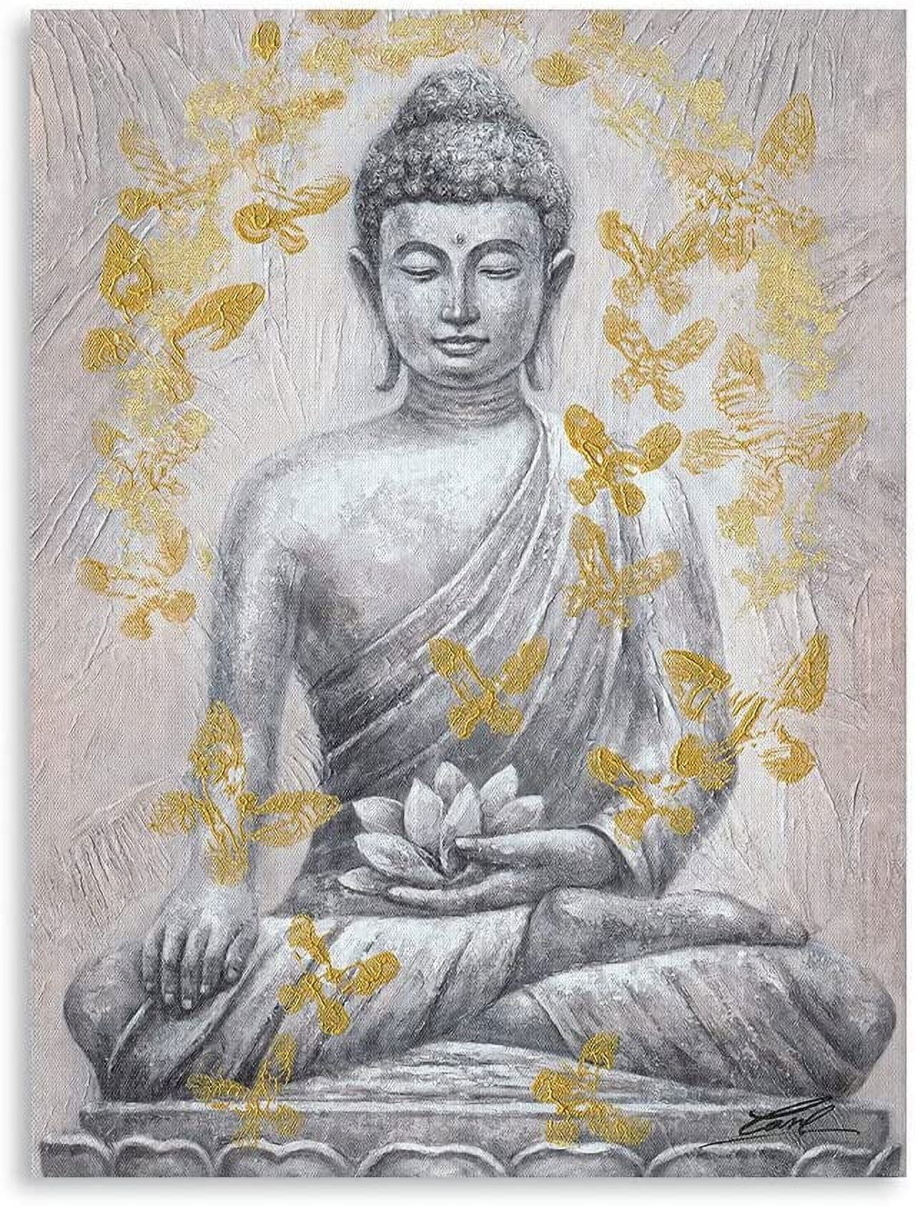 Buddha Canvas Wall Art Gold-foil: Zen Statue Textured Print with Lotus ...