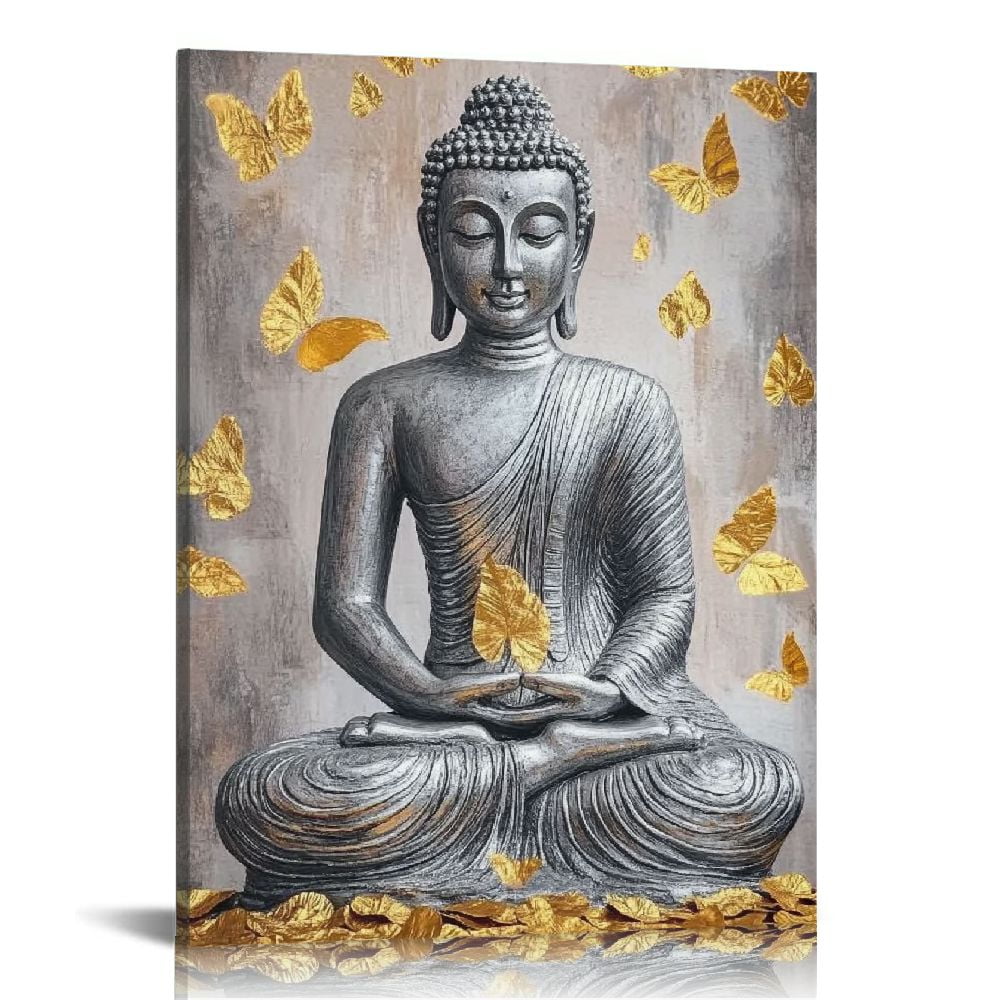 Buddha Canvas Wall Art Gold-foil: Zen Statue Textured Print with Lotus ...