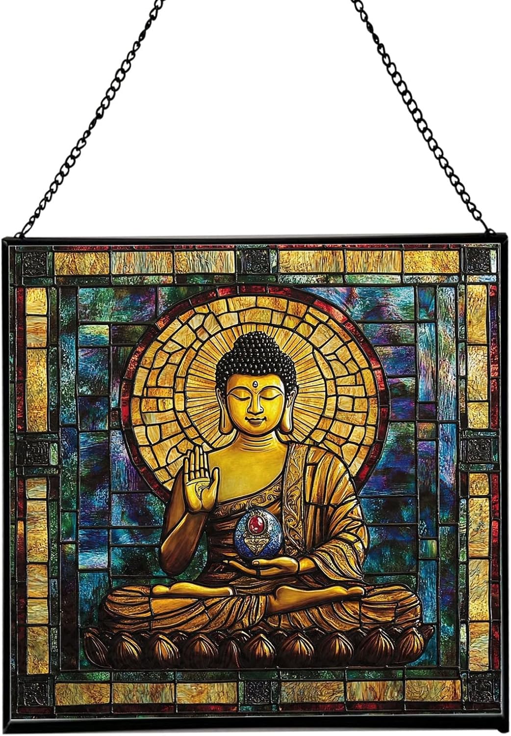 Buddha Cosmic Jewel Stained Glass Suncatcher, Square Window Hanging for ...