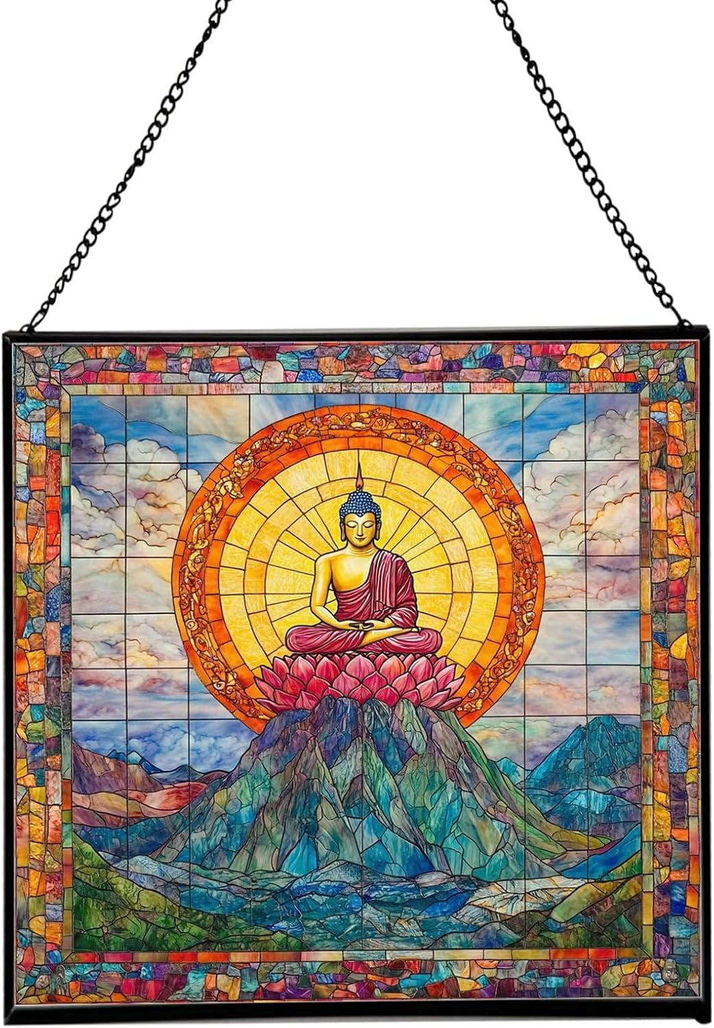 Buddha Cosmic Mountain Stained Glass Suncatcher, Square Window Hanging ...