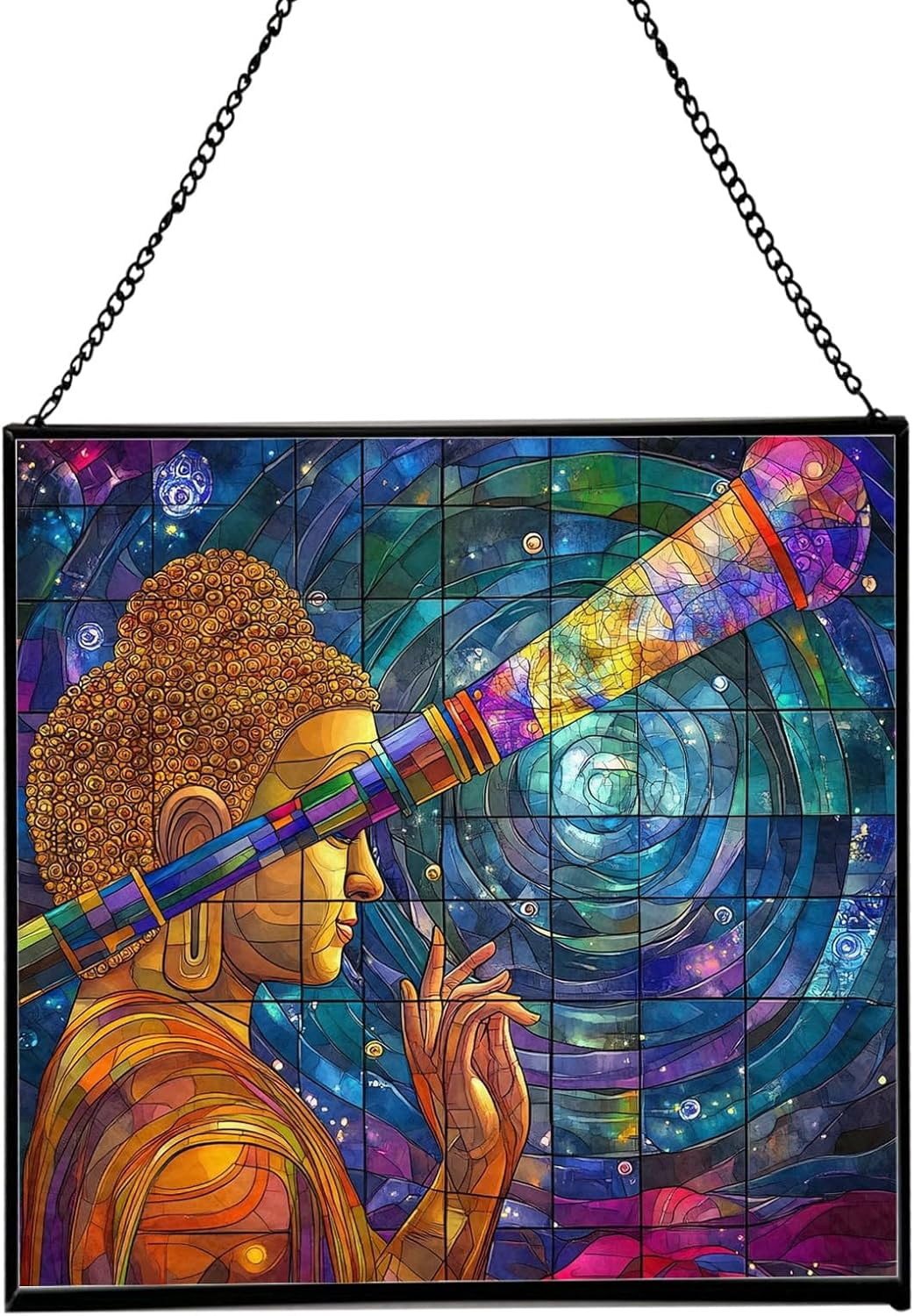 Buddha Cosmic Telescope Stained Glass Suncatcher , 8in Square Window ...