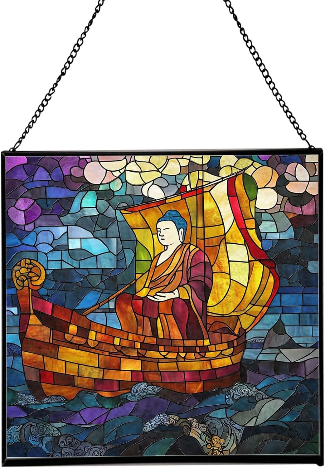 Buddha Dharma Ship Stained Glass Suncatcher, Square Window Hanging for ...