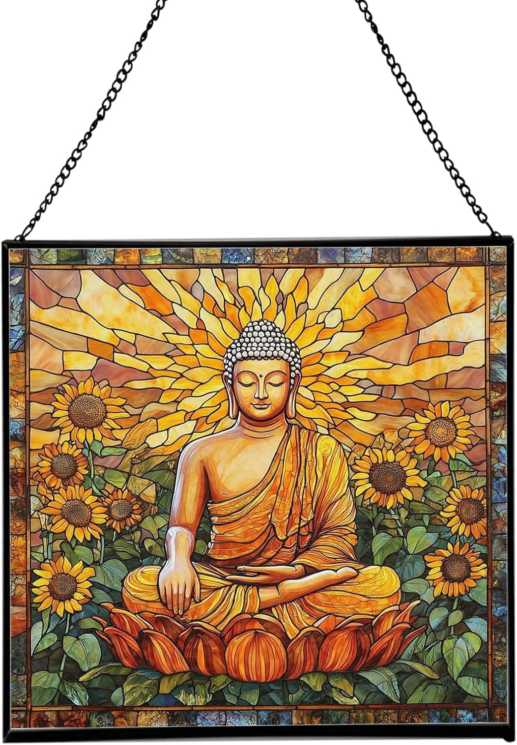 Buddha Dharma Sunflower Stained Glass Suncatcher , 8in Square Window ...