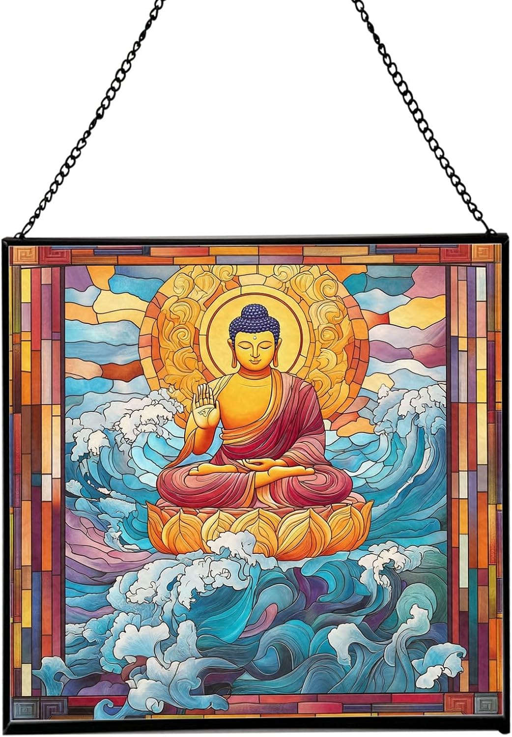 Buddha Dharma Tsunami Stained Glass Suncatcher , 8in Square Window ...