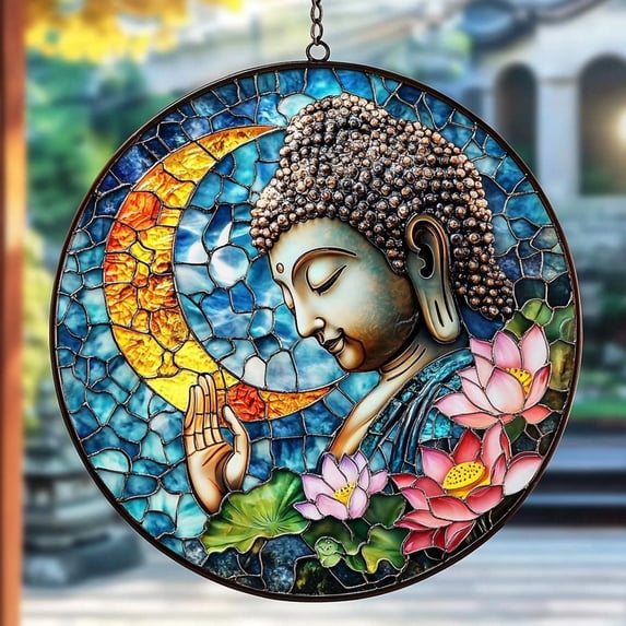 Buddha Faux Stained Glass Suncatcher - Acrylic Lotus Window Hanging ...