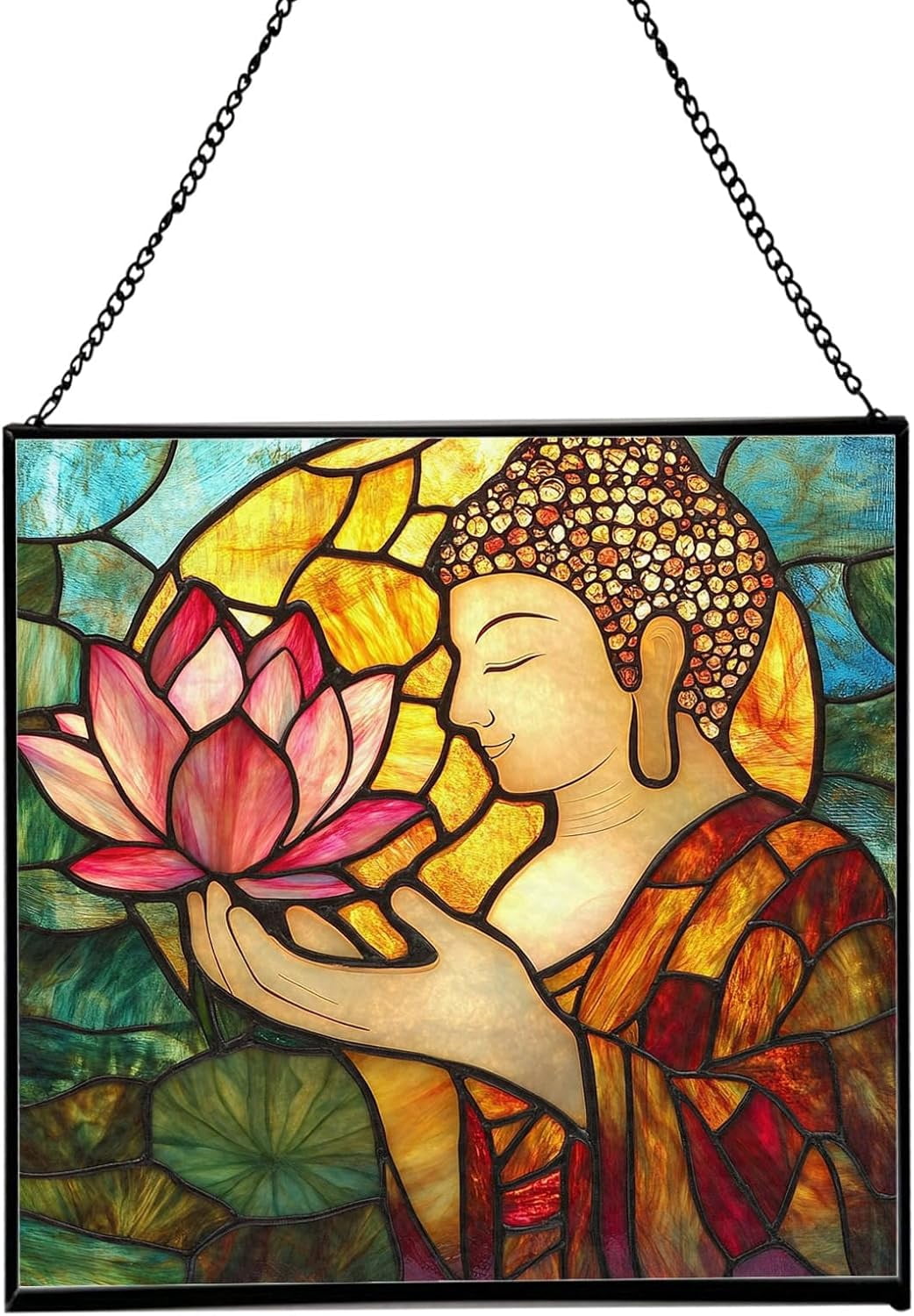 Buddha Lotus Hand Stained Glass Suncatcher , 8in Square Window Hanging ...