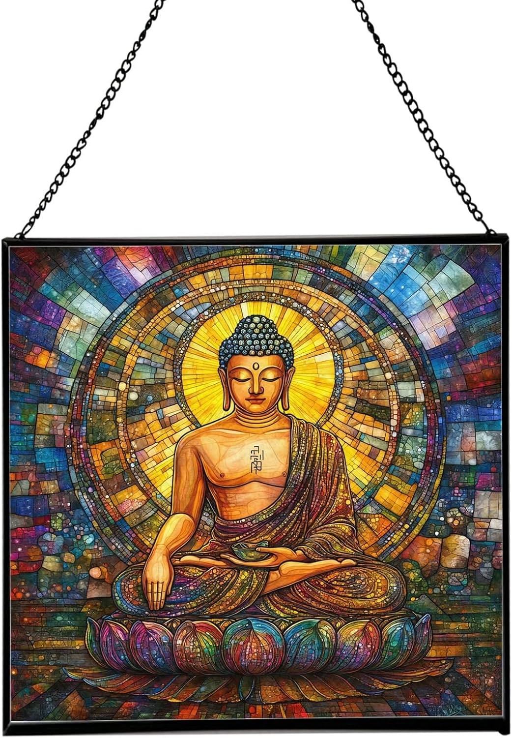 Buddha Mahamudra Space Stained Glass Suncatcher, Square Window Hanging ...