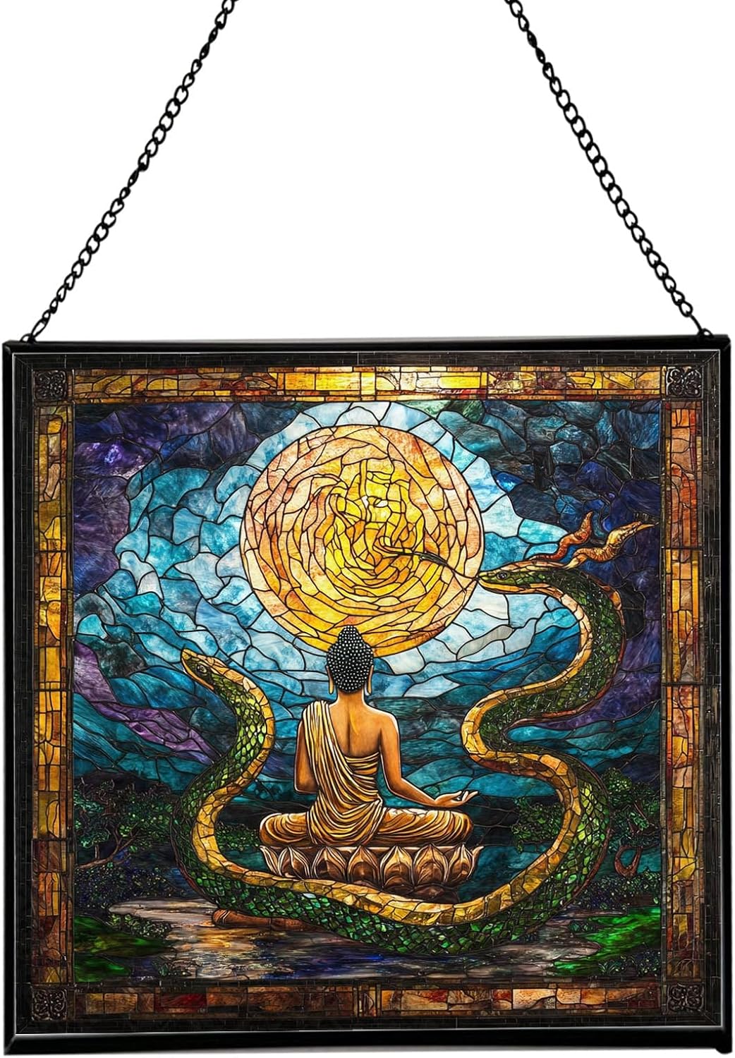 Buddha Mucalinda Protection Stained Glass Suncatcher , 8in Square ...