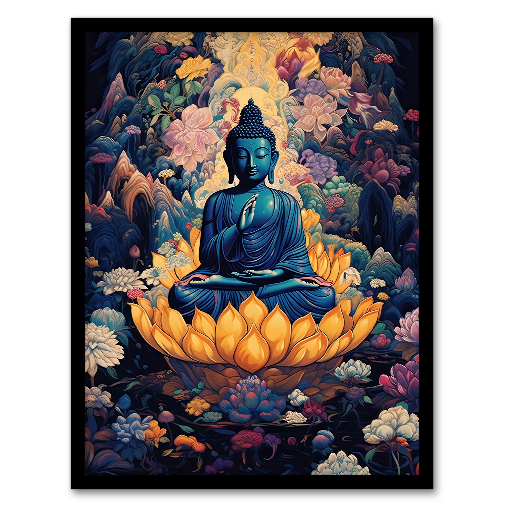Buddha in Lotus Flower Nirvana Concept Art Blue Orange Pink Floral ...
