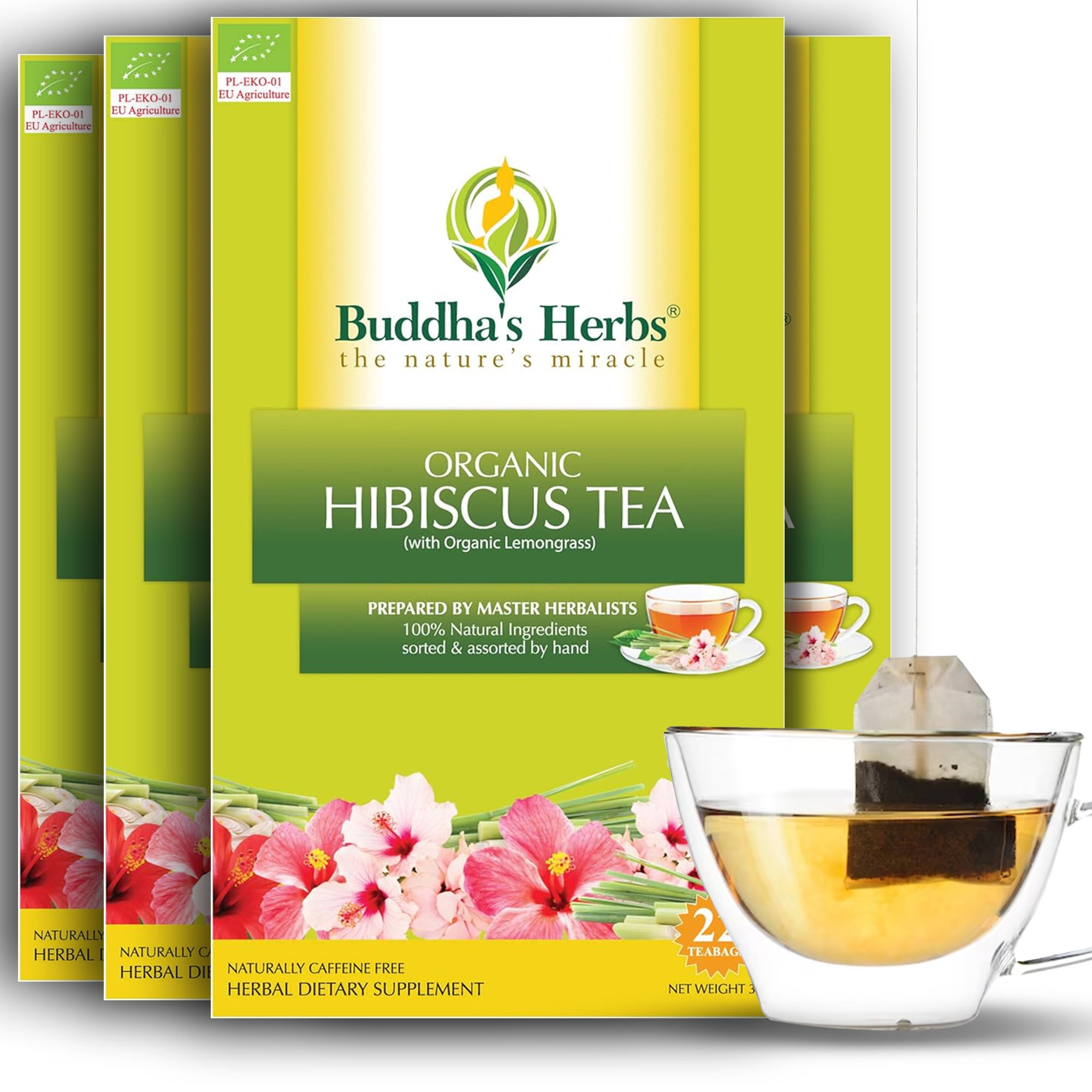 Buddha's Herbs Premium Organic Hibiscus Tea with Lemongrass, 22 Tea ...