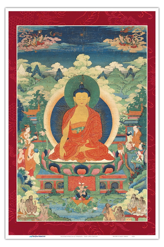 Buddha's Miracles at Shravasti - Vintage Tibetan Thangka Buddhist ...