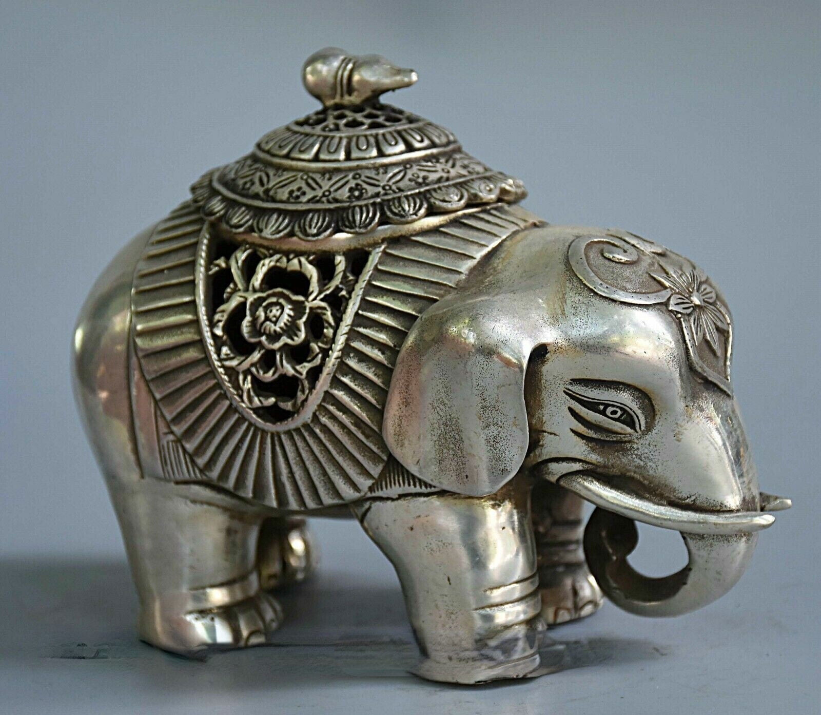 Buddhism Temple Silver Auspicious Elephant Statue Incense Burner Censer ...