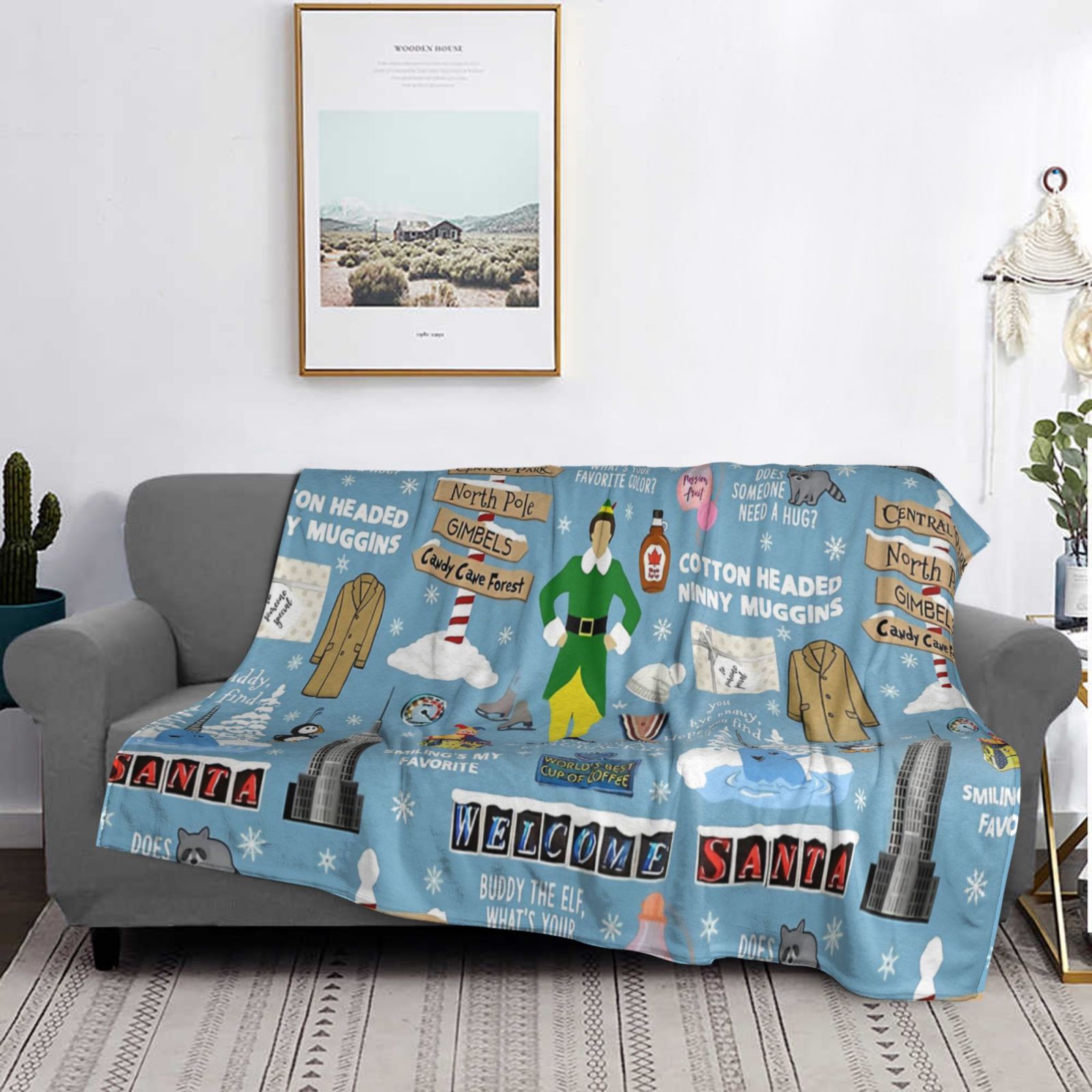 Buddy The Elf Collage, Blue Background Flannel Blanket Funny Ultra-Soft ...