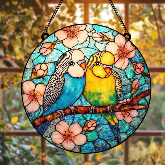 Budgie Birds Glass Suncatcher, Colorful Parakeets Art Vibrant Home Bird ...
