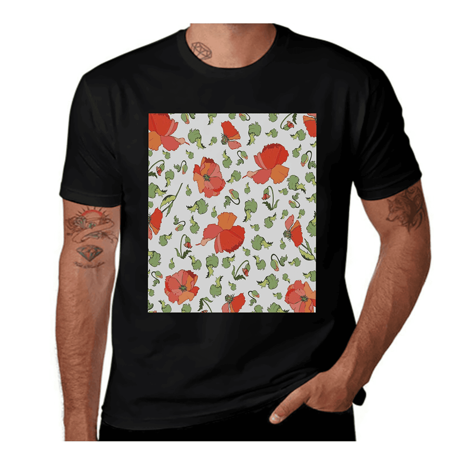 Buds Blossoms Leaves-Poppy-Vermilion-Coral-Green Casual Streetwea ...