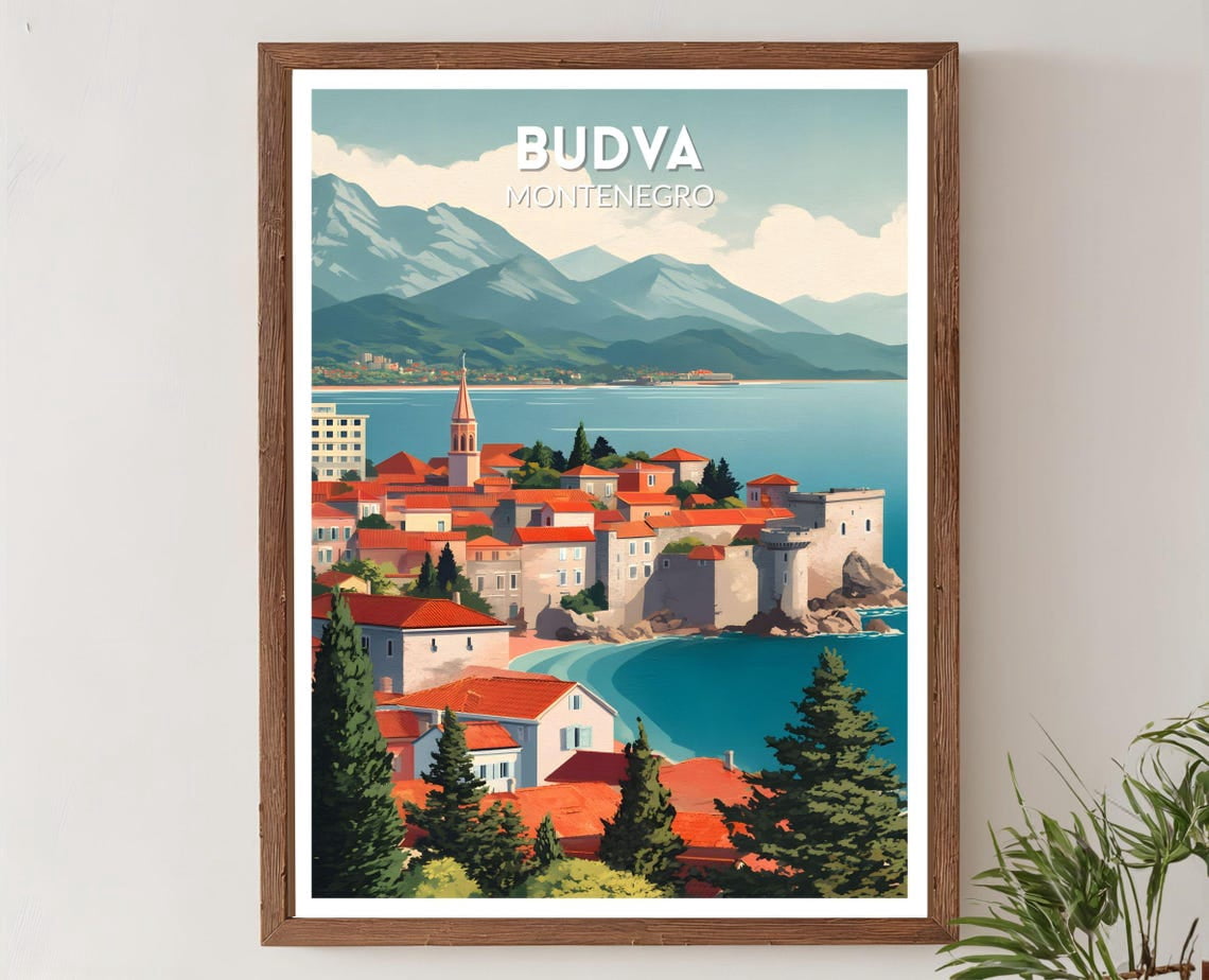 Budva Montenegro Retro Travel Mid Century Modern Vintage Coastal Wall ...