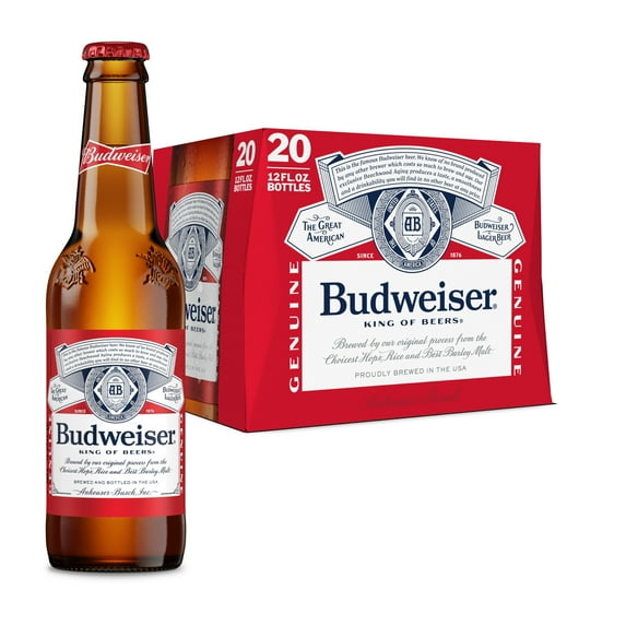 Budweiser American Lager Beer 20 pack 12 fl oz Glass Bottles 5% ABV ...