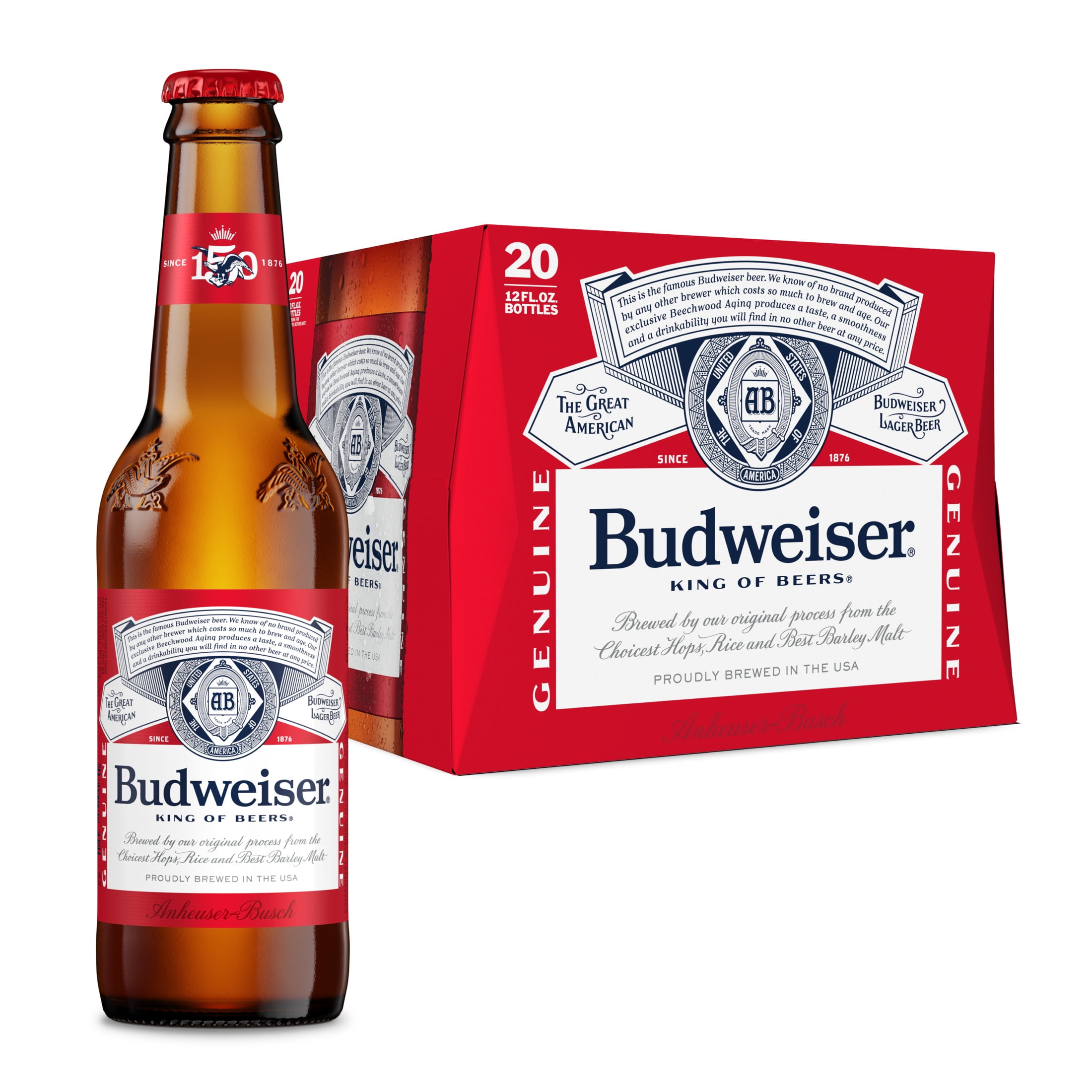 Budweiser American Lager Beer 20 pack 12 fl oz Glass Bottles 5% ABV ...