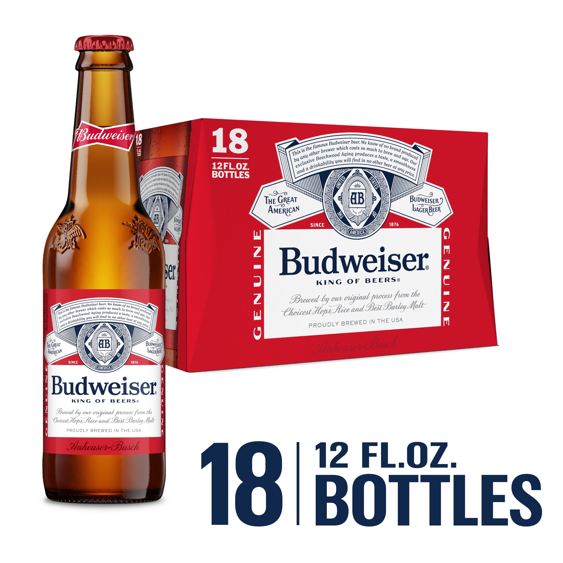 Budweiser Beer, 18 Pack Beer, 12 fl oz Glass Bottles, 5.0% ABV ...