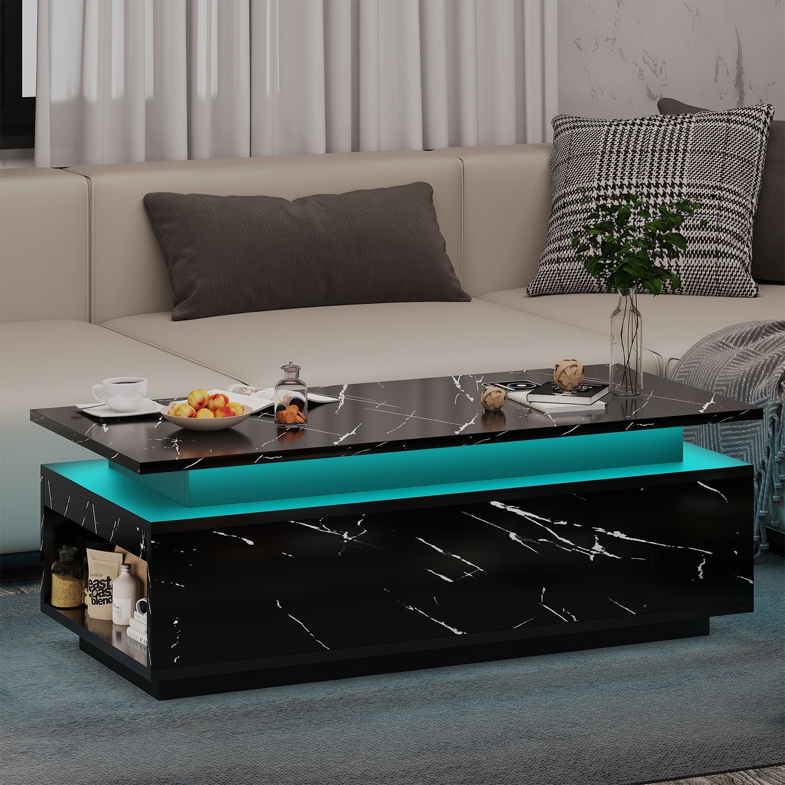 Buenhomino Black LED Coffee Table for Living Room, Modern High Glossy ...