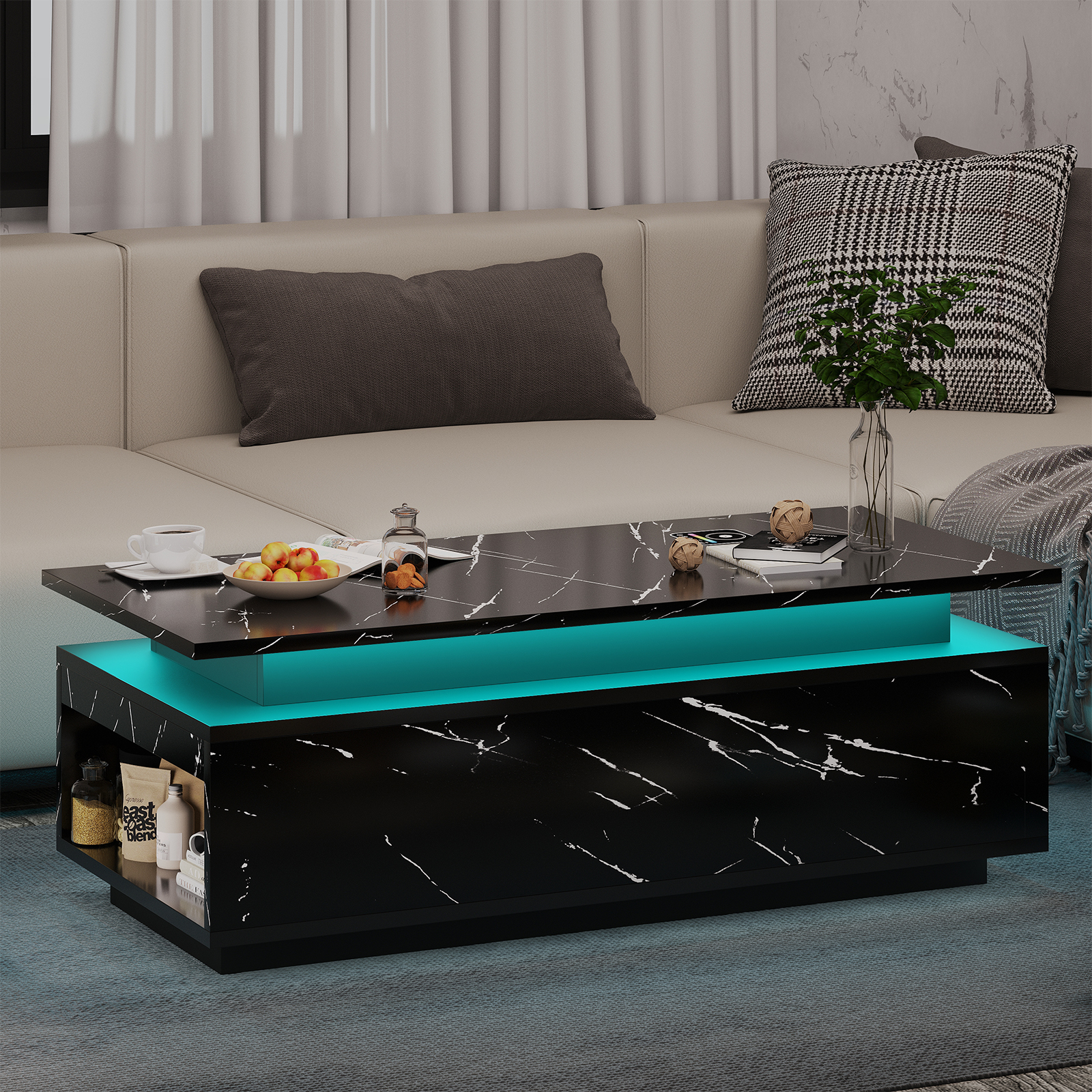 Buenhomino Black LED Coffee Table for Living Room, Modern High Glossy ...