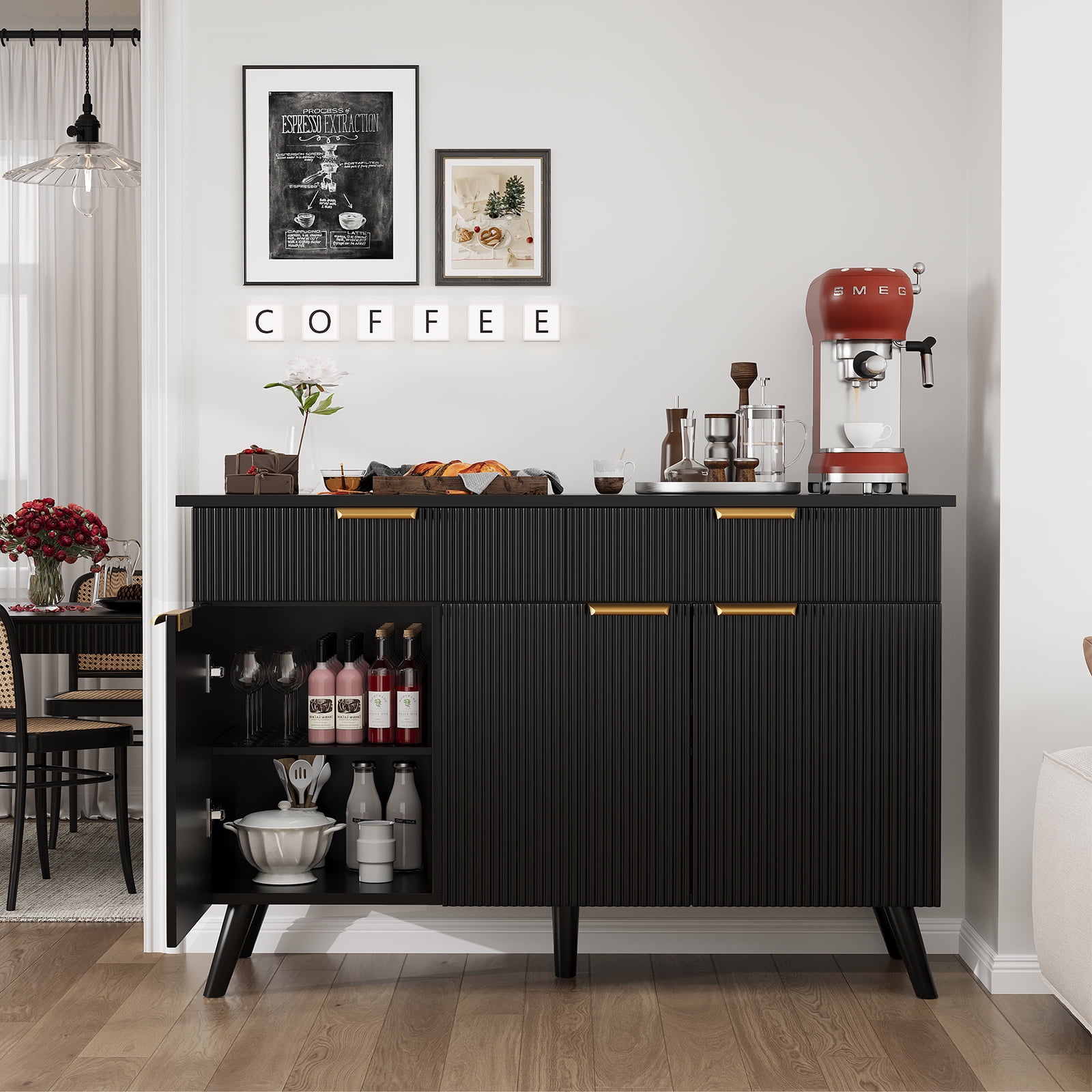 Buenhomino Large Buffet Sideboard Cabinet with Storages, 47" Fluted ...
