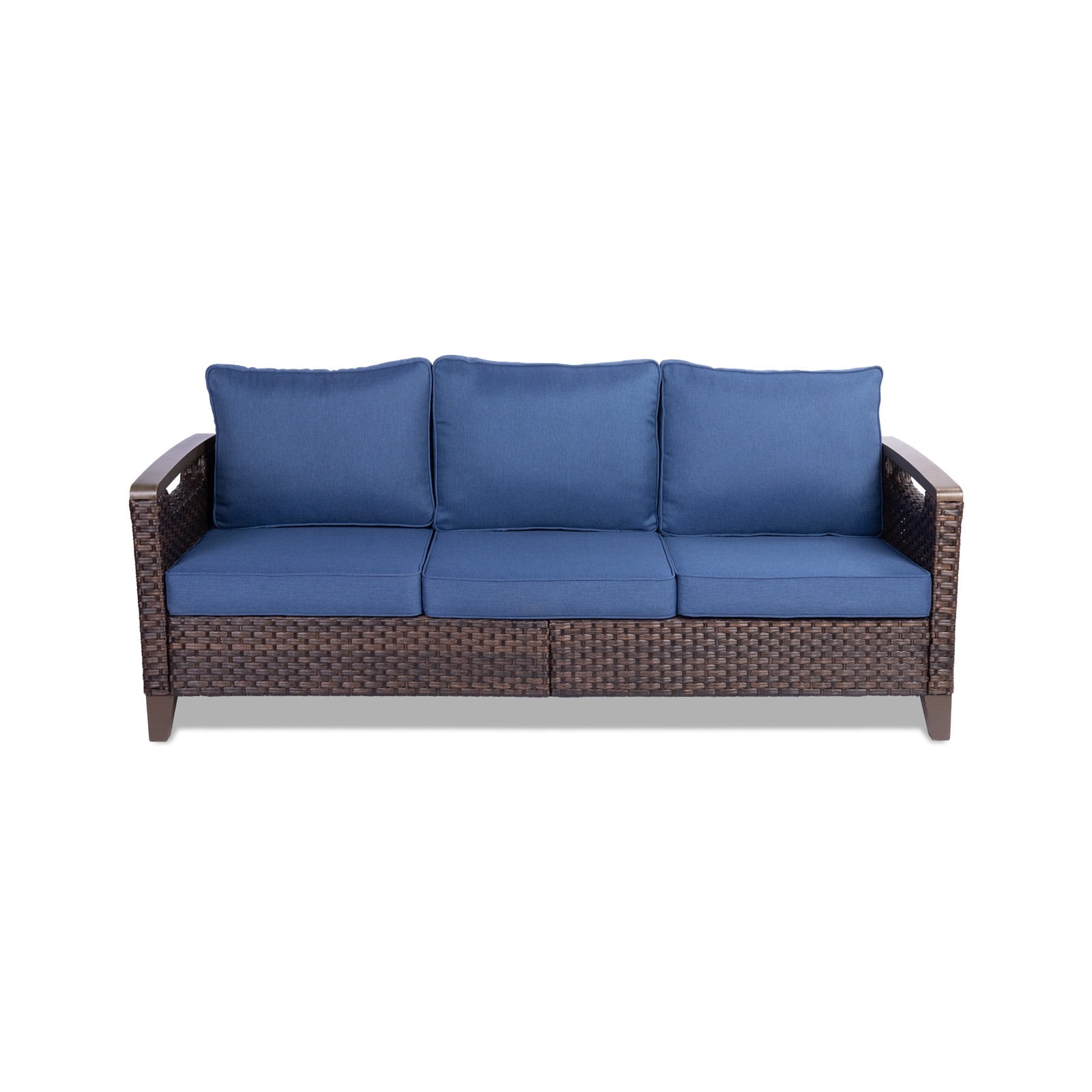 Buenhomino Outdoor Patio 3-Seat Wicker Sofa Rattan Couch with Blue ...